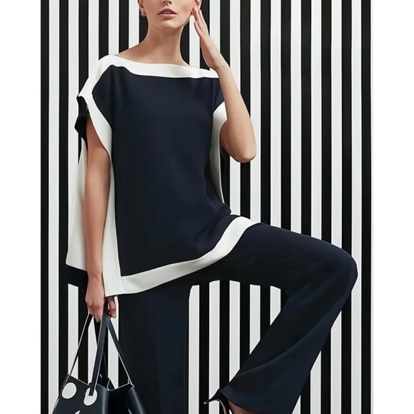 Tops | New Blackwhite Color Block Slit Hem Flattering Swing Top | Poshmark